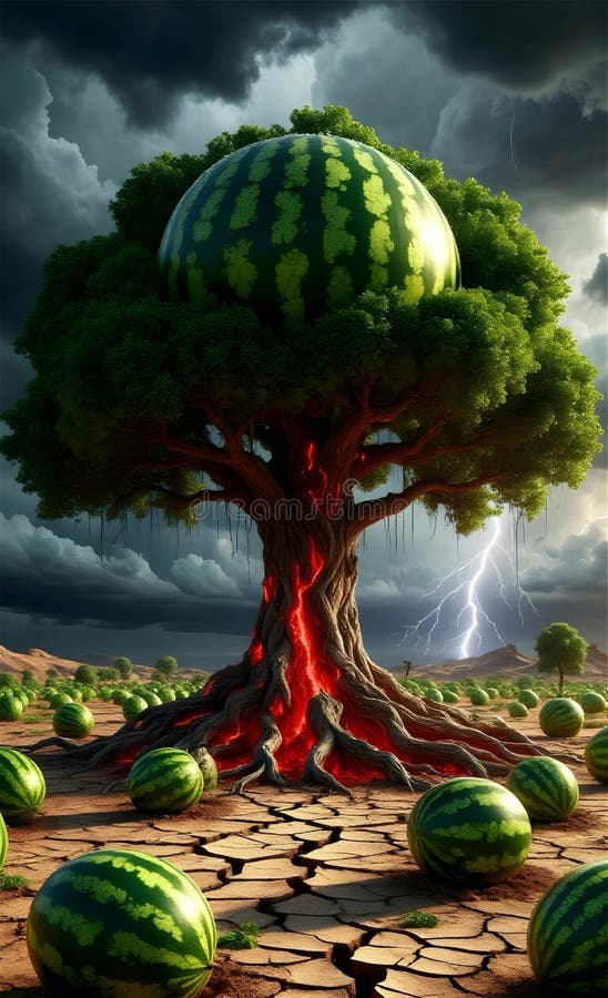 Magical Watermelon Tree Struck by Lightning in Stormy Night Stock ...