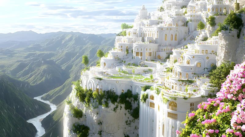 Enchanting White City Cliffside Architecture Fantasy Landscape ...