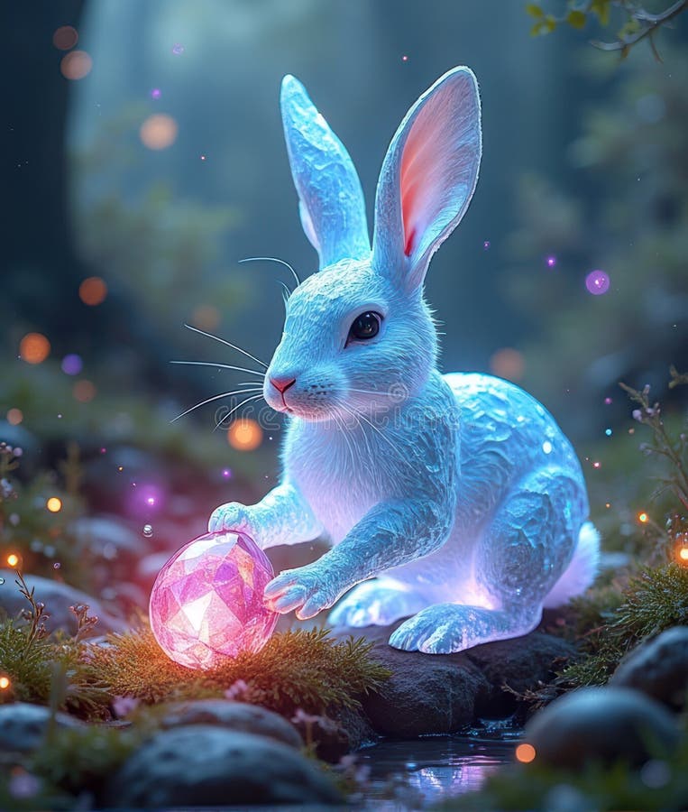 Magical White Rabbit Interacting with Glowing Gem in Enchanted Forest ...