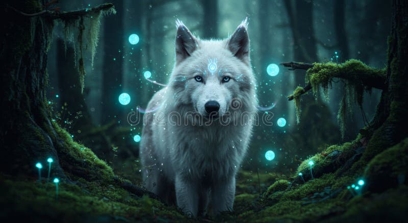 Magical White Wolf in Enchanted Forest with Glowing Orbs and Moss Stock ...
