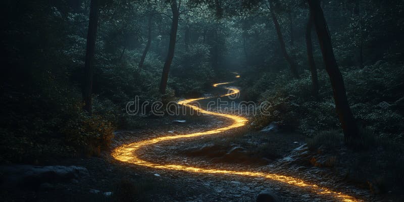 Magical Winding Path Glowing in the Forest at Twilight Hour Stock ...