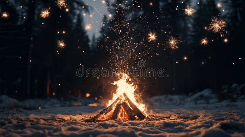 Magical Winter Bonfire with Sparkling Fireworks Under a Starry Night in ...