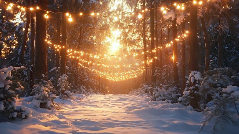 Magical Winter Forest with Glowing String Lights at Sunset Stock Video ...