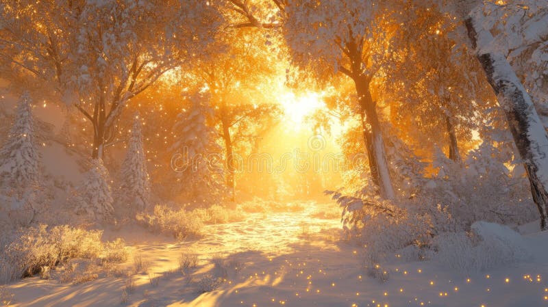 Magical Winter Forest at Golden Hour Sunset Stock Illustration - Illustration of wonderland ...