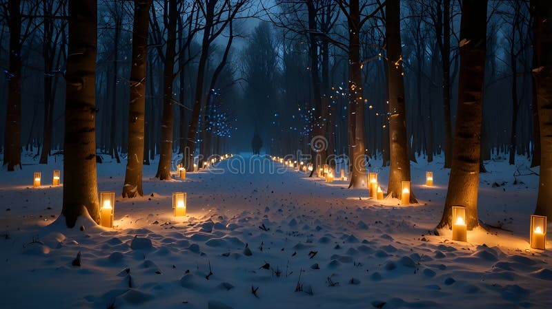 A Magical Winter Forest Lit by Glowing Lanterns Hanging from Bare Trees ...