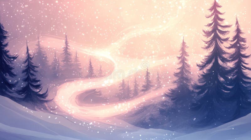 Magical Winter Forest Path with Glowing Light Trail, Snow, and Pine ...