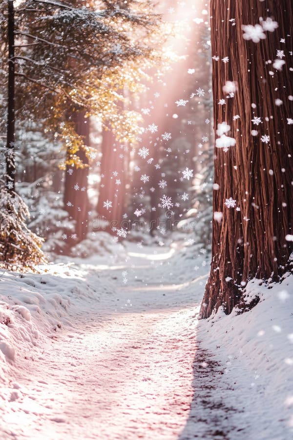 Magical Winter Forest Path Snowfall Scene High Quality Image Stock ...
