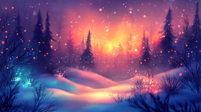 Magical Winter Forest at Sunset: a Dreamy, Sparkling Scene Stock Illustration - Illustration of ...