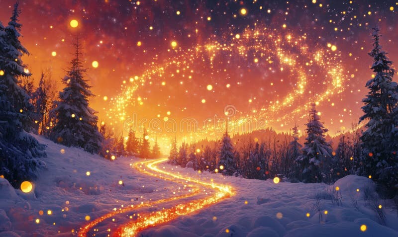 Magical Winter Landscape with Glowing Path and Sparkling Lights in ...