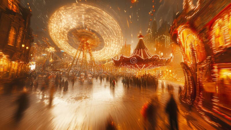 Magical Winter Night Fair with Glowing Lights and Merry-go-round Stock ...