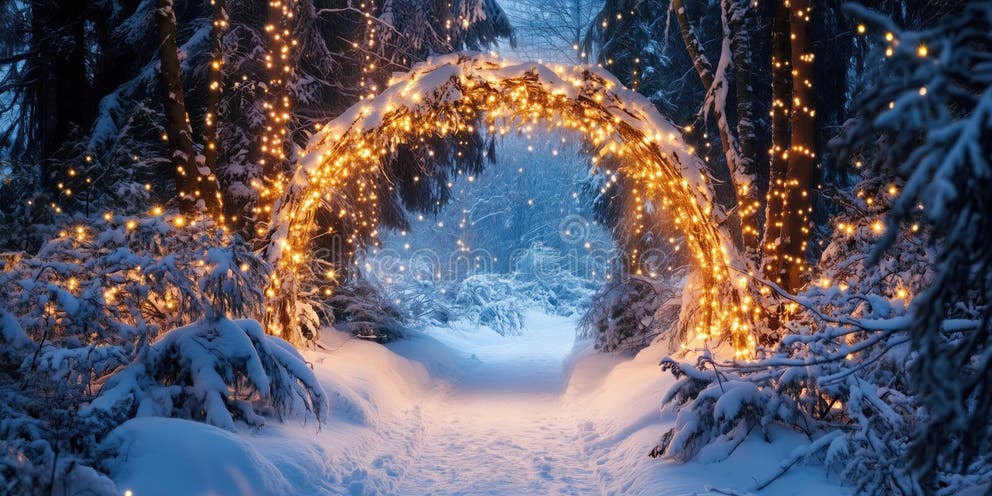 Magical Winter Pathway Adorned with Glowing Lights in Snowy Forest ...