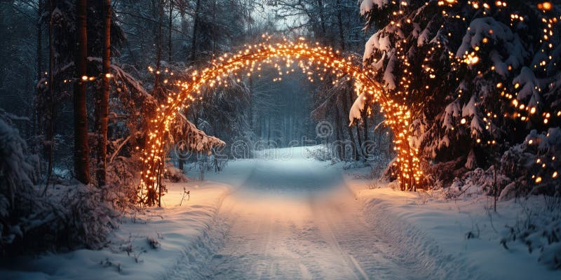 Magical Winter Pathway Illuminated by Glowing Lights in Snowy Forest ...