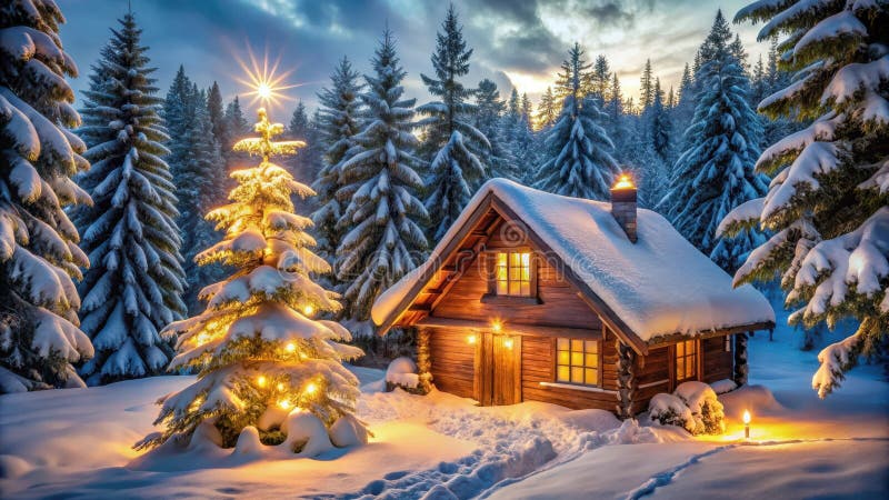 A Magical Winter Scene Illuminated Christmas Tree beside a Cozy Snow ...
