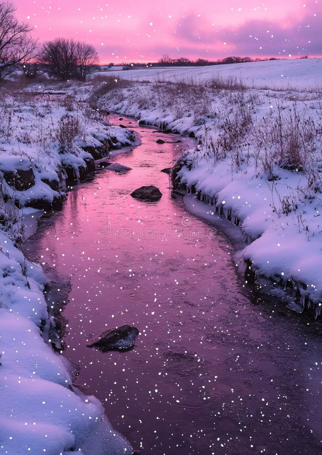 Magical Winter Stream Pink Sunset Snowfall Landscape High Quality Image ...