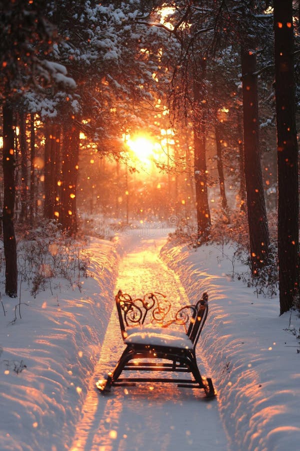 Magical Winter Sunset- Snow Covered Sled on Path High Quality Image Stock Illustration ...