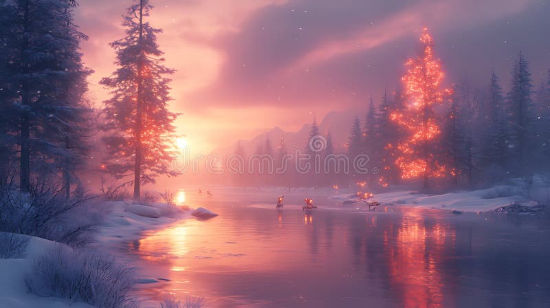 Magical Winter Sunset, Snowy Forest River, Glowing Trees, Card Design ...