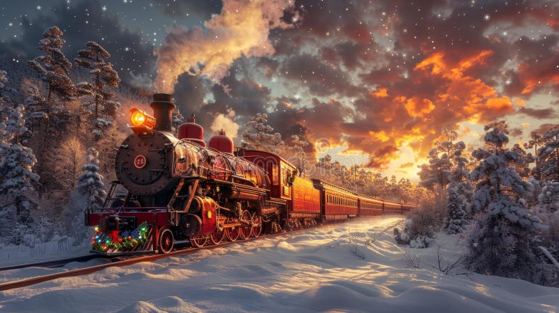 Magical Winter Train at Sunset - Generative Ai Stock Illustration ...