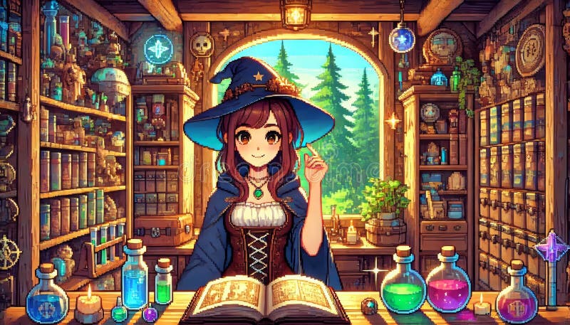 Magical Witch Study in Pixel Art Stock Illustration - Illustration of ...