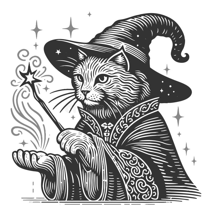 Magical Wizard Cat Casting Spell with Stars Vector Stock Illustration ...