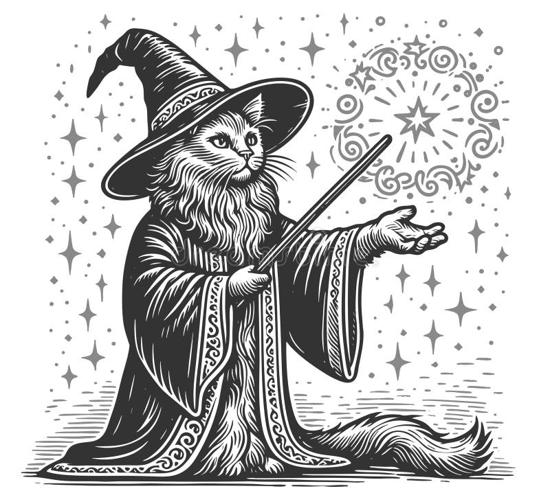 Magical Wizard Cat Casting Spell with Stars Vector Stock Illustration ...