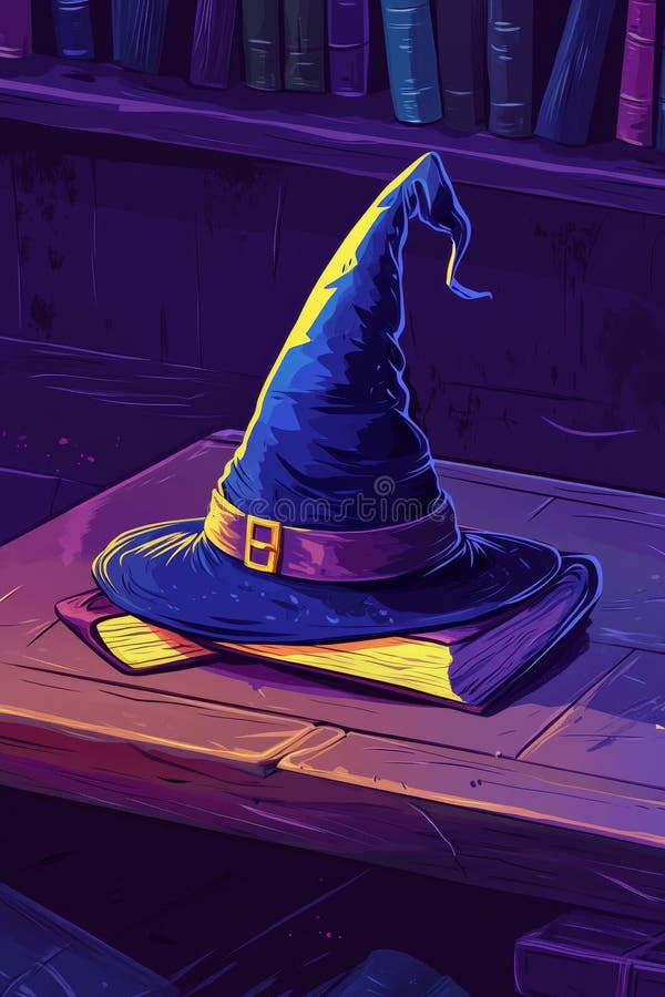 Magical Wizard Hat on a Book in a Mysterious Library Setting Stock ...