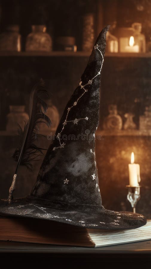Magical Wizard Hat with Feather Against a Mystic Background Stock ...