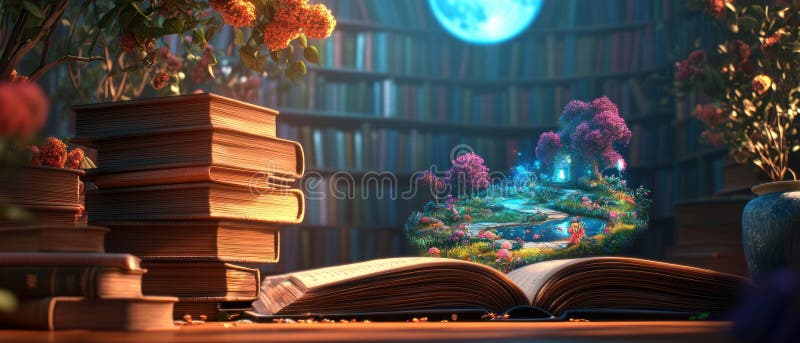 FANTASY WORLD RISING from BOOK in MOONLIT LIBRARY Stock Image - Image ...