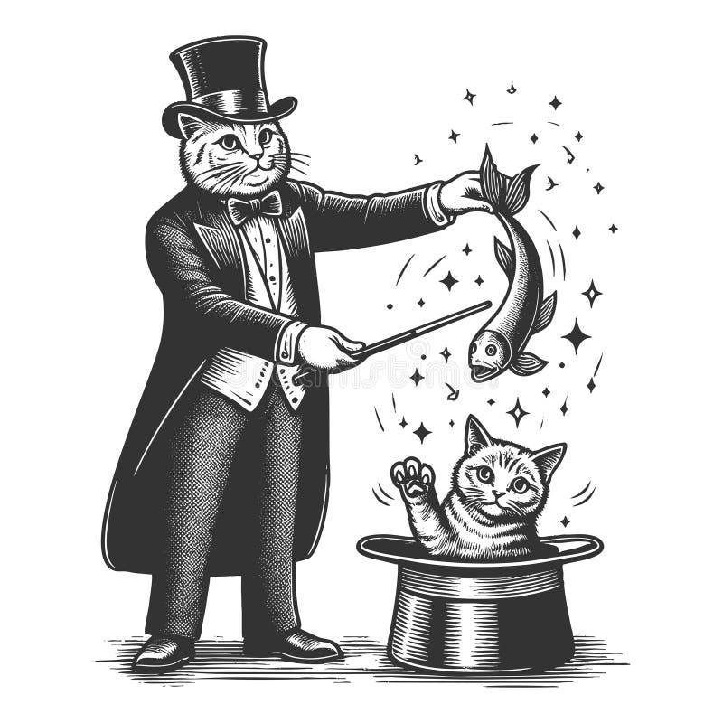 Magician Cat Performing Magic Trick with Fish Stock Illustration ...