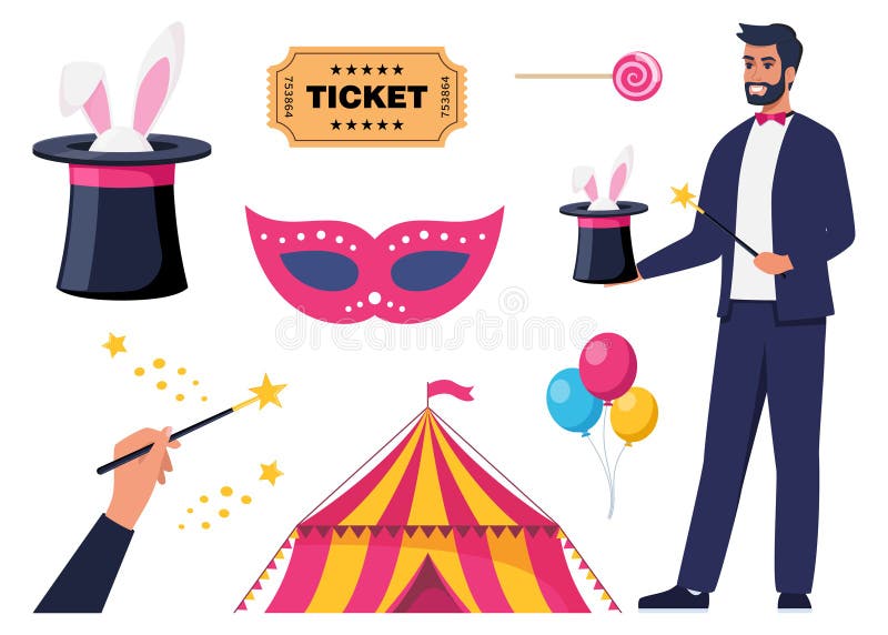 Magician Demonstrating Trick and Taking Rabbit Out of Top Hat. Circus ...