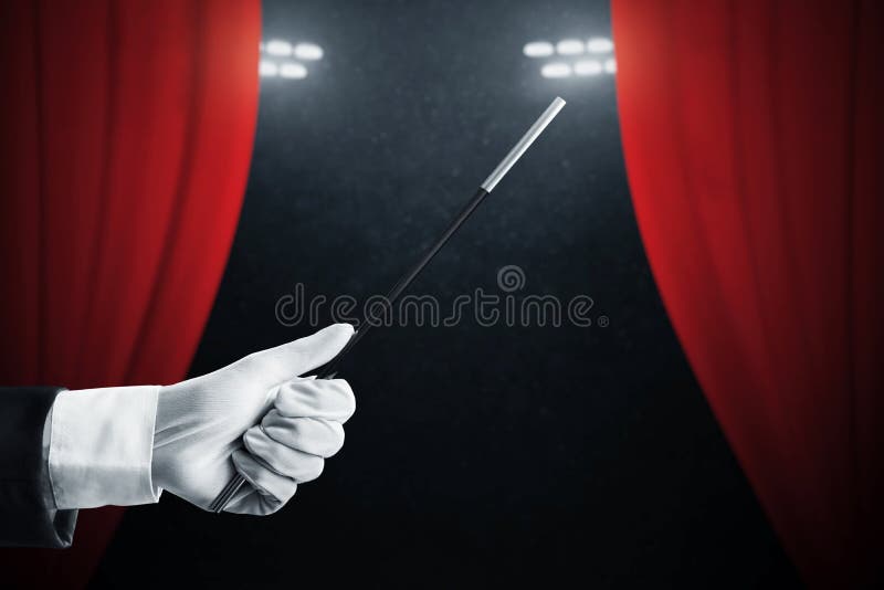 Magician Hand Hold Magic Wand Stock Image - Image of concept, curtain ...
