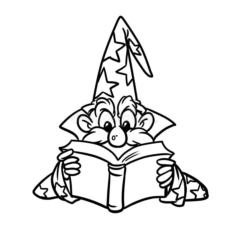 Magician Reading a Book of Magic Illustration Cartoon Outline Stock ...