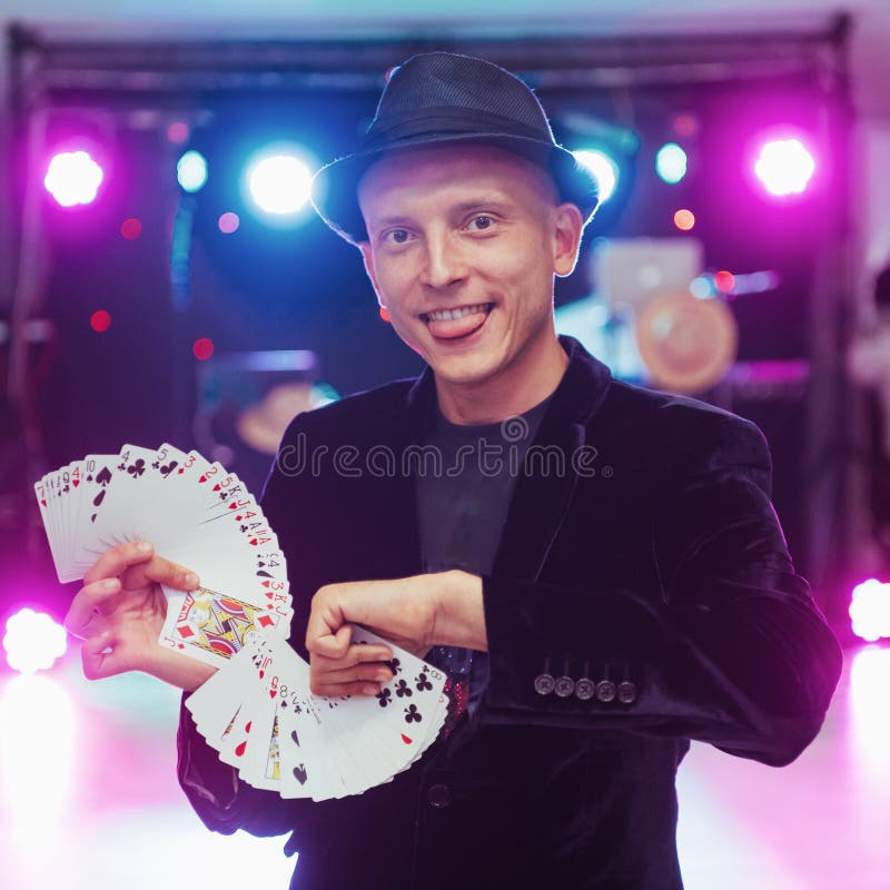 Magician Showing Trick with Playing Cards. Magic, Circus Stock Image ...