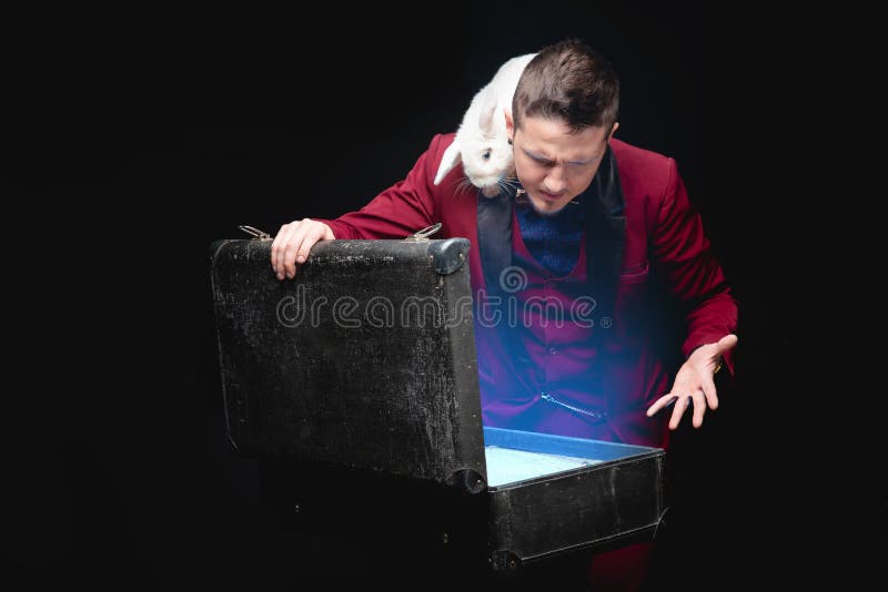 Magician Shows Trick with Disappearance White Rabbit in Suitcase Magic ...