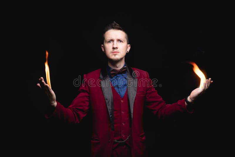 Magician Shows Trick with Fire Burn from Palms Hands Stock Photo ...