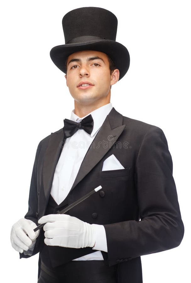 Magician in Top Hat with Magic Wand Showing Trick Stock Photo - Image ...