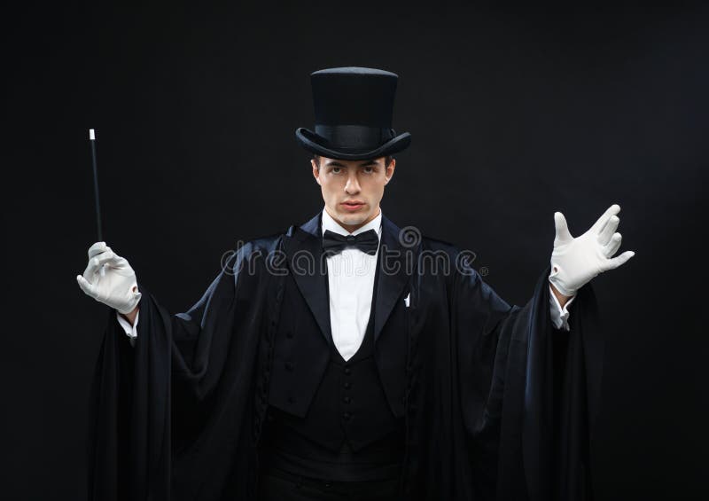 Magician in Top Hat with Magic Wand Showing Trick Stock Image - Image ...
