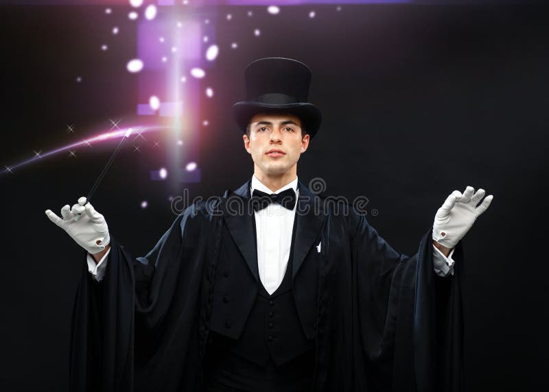 Magician in Top Hat with Magic Wand Showing Trick Stock Image - Image ...