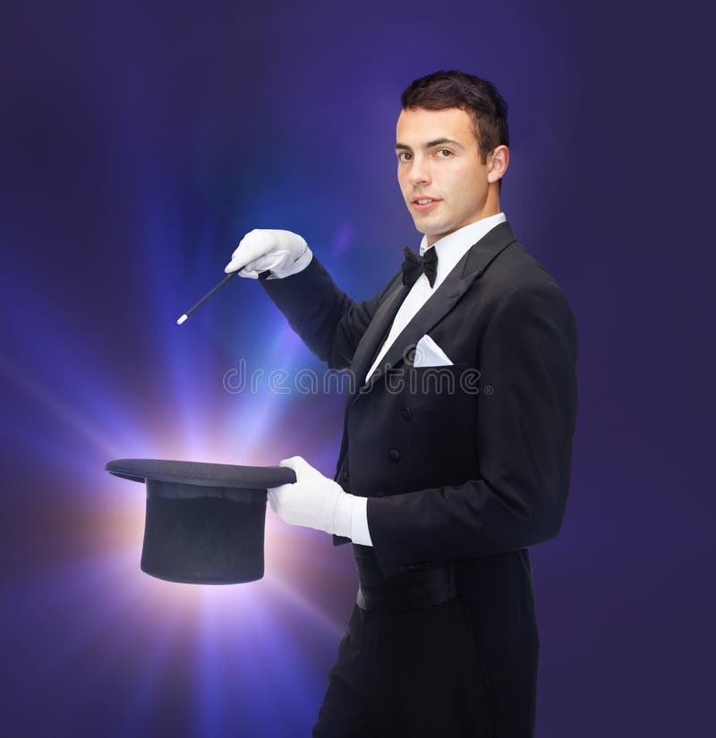 Magician in Top Hat with Magic Wand Showing Trick Stock Image - Image ...