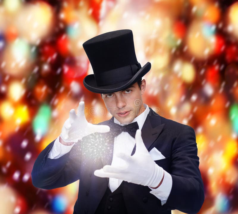 Magician in Top Hat Showing Trick Stock Photo - Image of entertainment ...