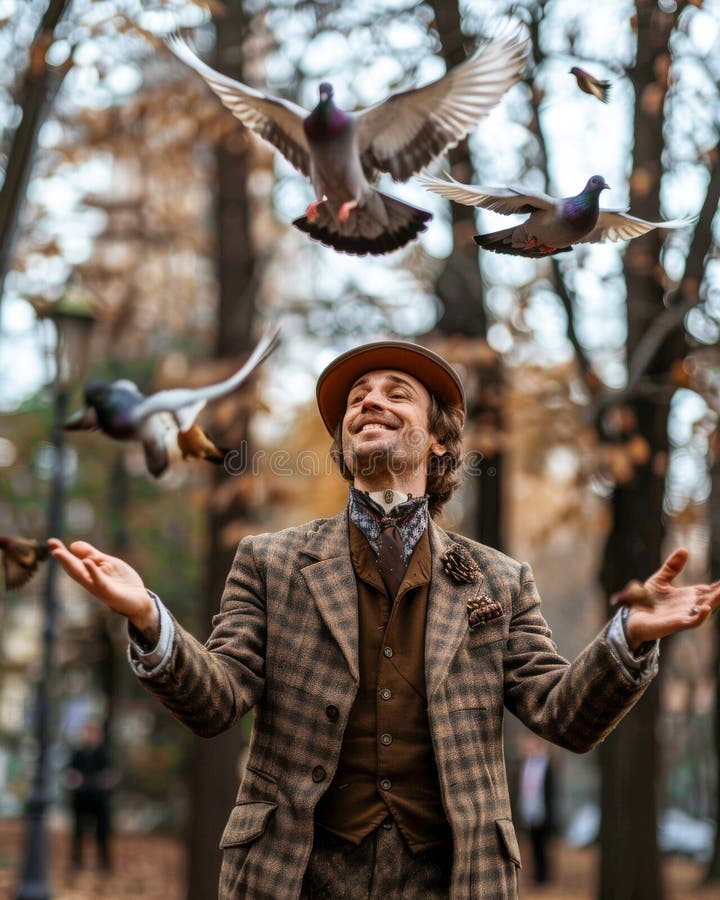 Magician in a Vintage Suit Making Pigeons Appear from a Hat Enchanted ... Magician in a Vintage Suit Making Pigeons Appear from a Hat Enchanted ...