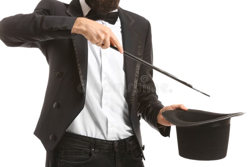 Magier, Der Tricks Auf Weißem Hintergrund Zeigt Stockbild - Bild von ...
