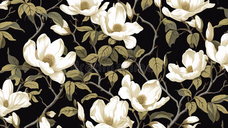 Magine Block Print Style Rendering Half-drop Repeat Pattern with Leaves ...