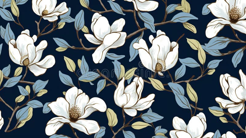 Magine Block Print Style Rendering Half-drop Repeat Pattern with Leaves ...