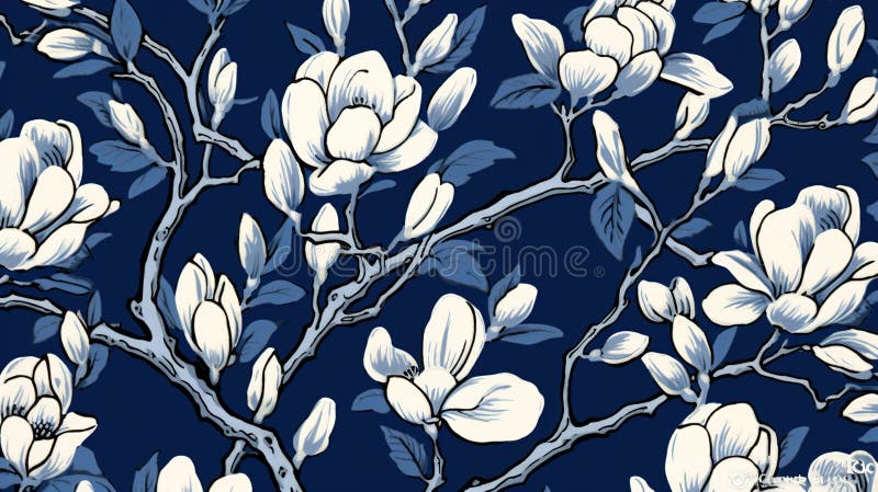 Magine Block Print Style Rendering Half-drop Repeat Pattern with Leaves ...