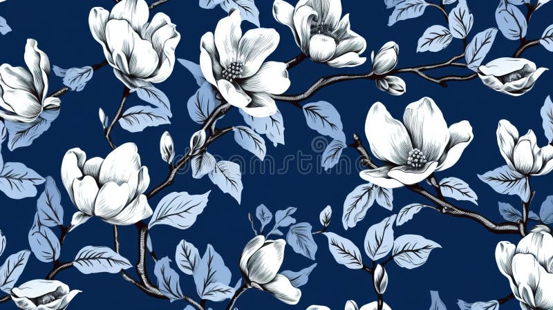 Magine Block Print Style Rendering Half-drop Repeat Pattern with Leaves ...