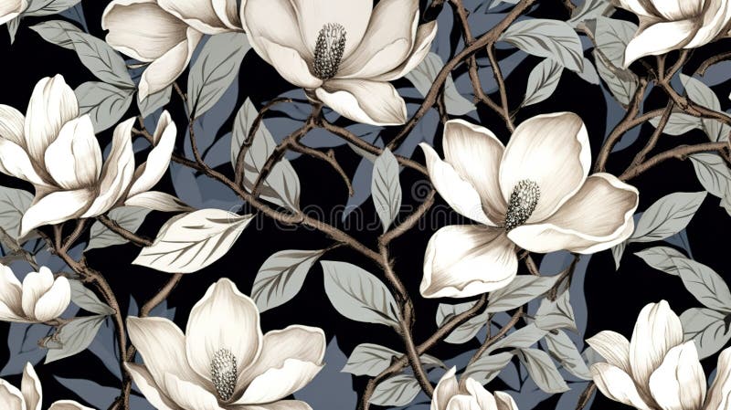 Magine Block Print Style Rendering Half-drop Repeat Pattern with Leaves ...