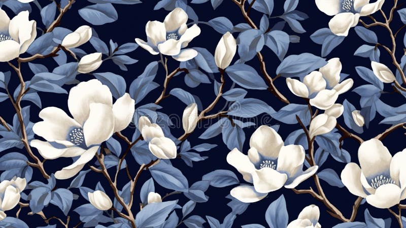 Magine Block Print Style Rendering Half-drop Repeat Pattern with Leaves ...