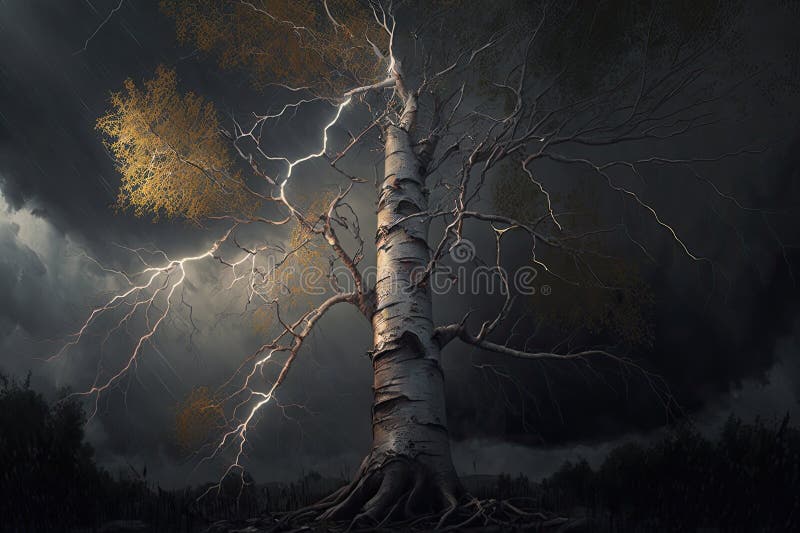 Maginficent Large Birch Tree Lightning Dark Clouds Sky by Generative AI ...