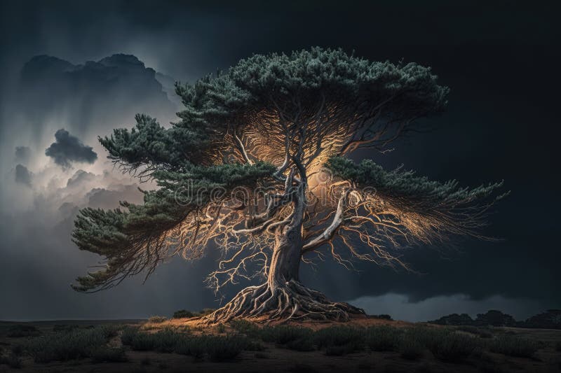 Maginficent Large Cedar Tree Lightning Dark Clouds Sky by Generative AI ...