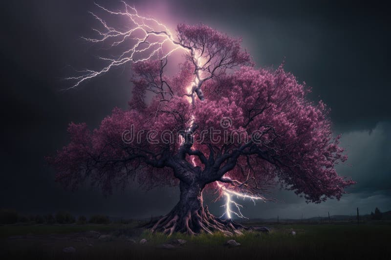 Maginficent Large Cherry Tree Lightning Dark Clouds Sky by Generative ...